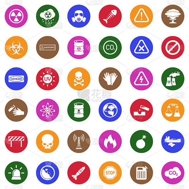 生物危害和危险图标。圆形的白色平面设计。矢量插图。