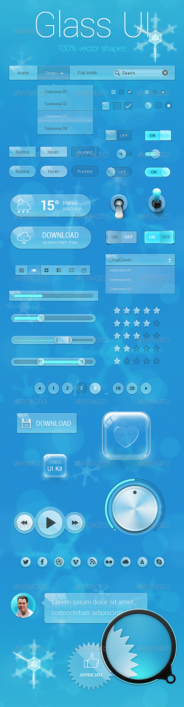 玻璃uikit——用户界面网络元素Glass UI Kit - User Interfaces Web Elements应用程序,应用程序图标 ...