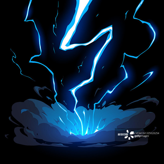 蓝色闪电击中效果在黑色背景图片素材