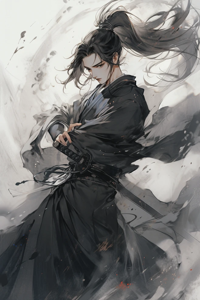 古风少年水墨武侠剑客插画-花瓣网