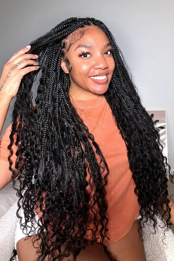 Boho Knotless Crochet Box Braids with Human Hair Curls Deep Wave - 24-花瓣网
