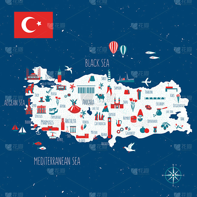 土耳其卡通旅游地图矢量插图，伊斯坦布尔地标加拉塔，内姆鲁特山，Pamukkale, Anitkabi