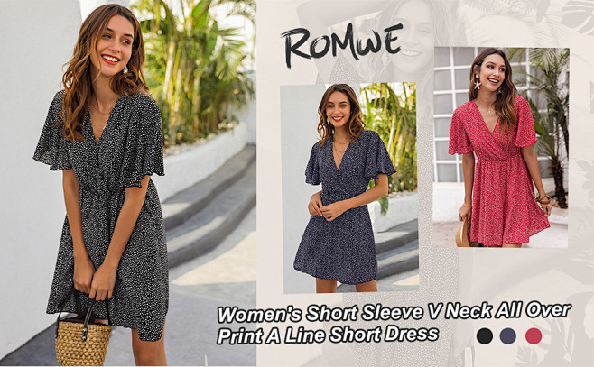 Romwe Women's Short Sleeve V Neck All Over Print High Waist A Line ...