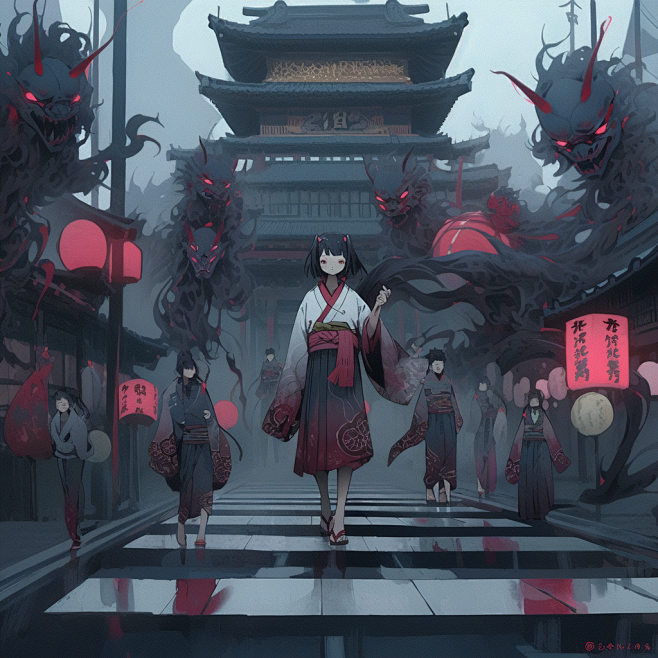prompt:A group of demons walking on a crosswalk, ghosts and monsters, a ...