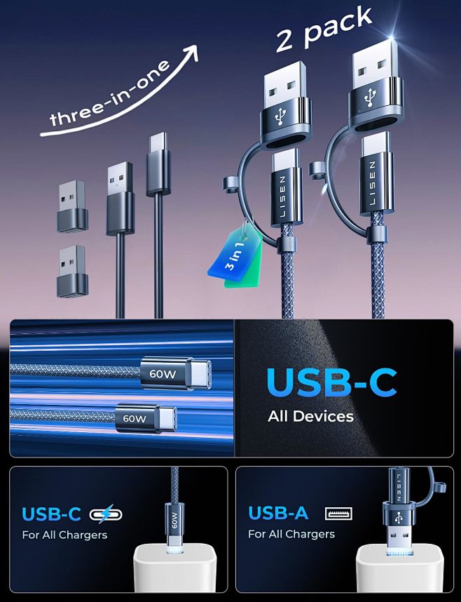 Amazon.com: LISEN USBC to USBC Cable [2Pack, 3.3ft] 60W Fast Charging ...