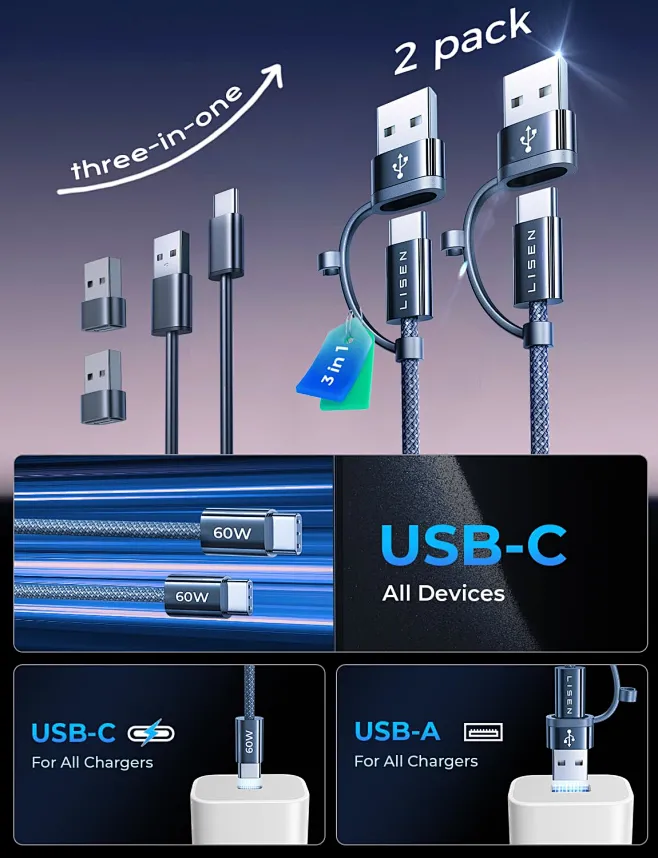 Amazon.com: LISEN USBC to USBC Cable [2Pack, 3.3ft] 60W Fast Charging ...