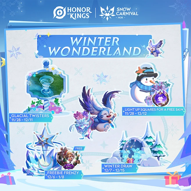 可能是包含下列内容的图片：上面的文字是“(HONOR KINGS SNOW CARNIVAL HOK WINTER WONDERLAND ...