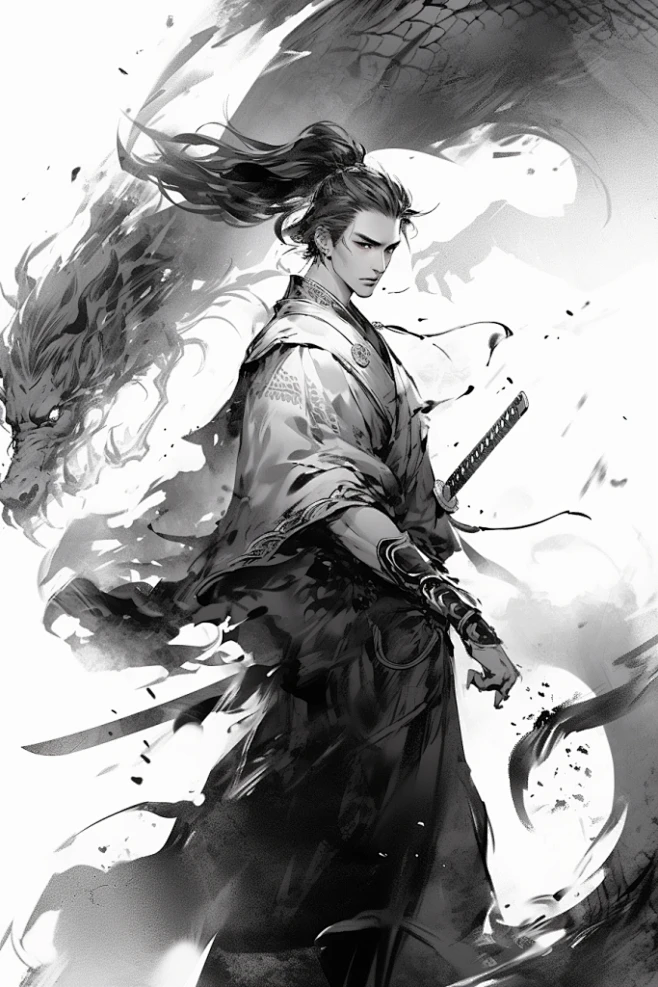古风少年水墨武侠剑客和龙插画-花瓣网