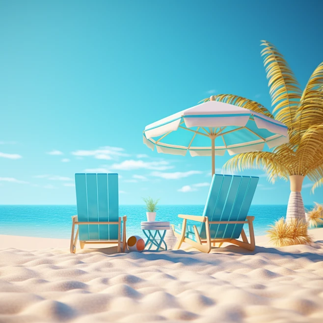 Summer beach vacation scene with blue background. 3d rendering ar 16: 9-花瓣网