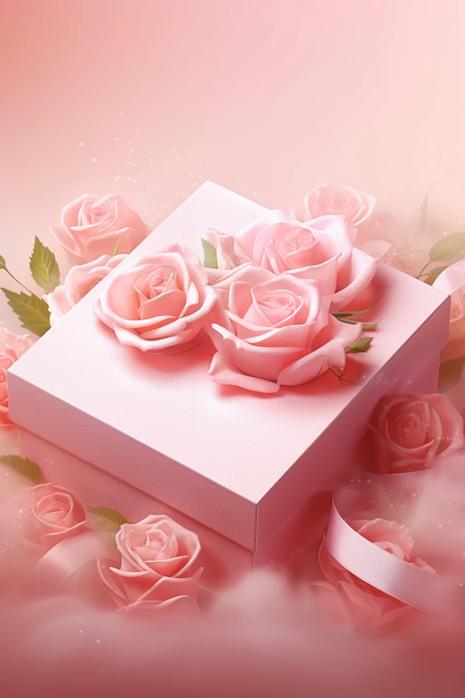 An empty pink gift box surrounded on roses, in the style of realistic ...