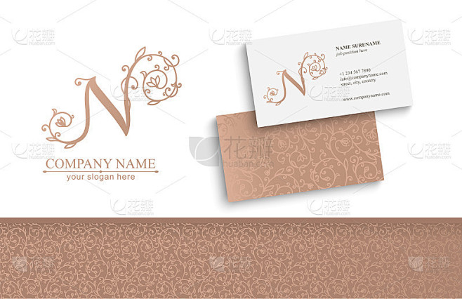Premium Vector N标志。Monnogram,刻字。无缝模式和名片。精英公司的个人标志或