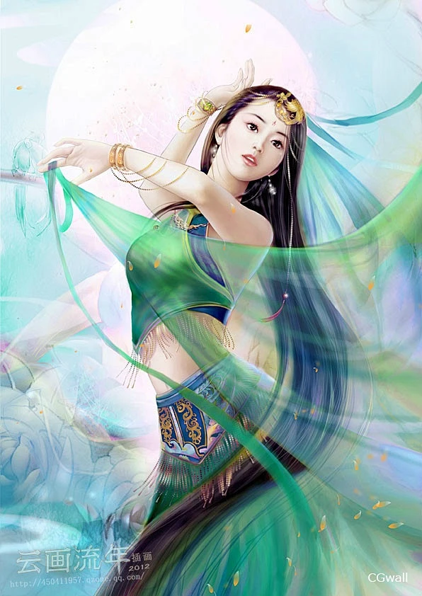 CGwall游戏原画网站_绝色中国风玄幻美女-青色飞纱舞蹈-花瓣网