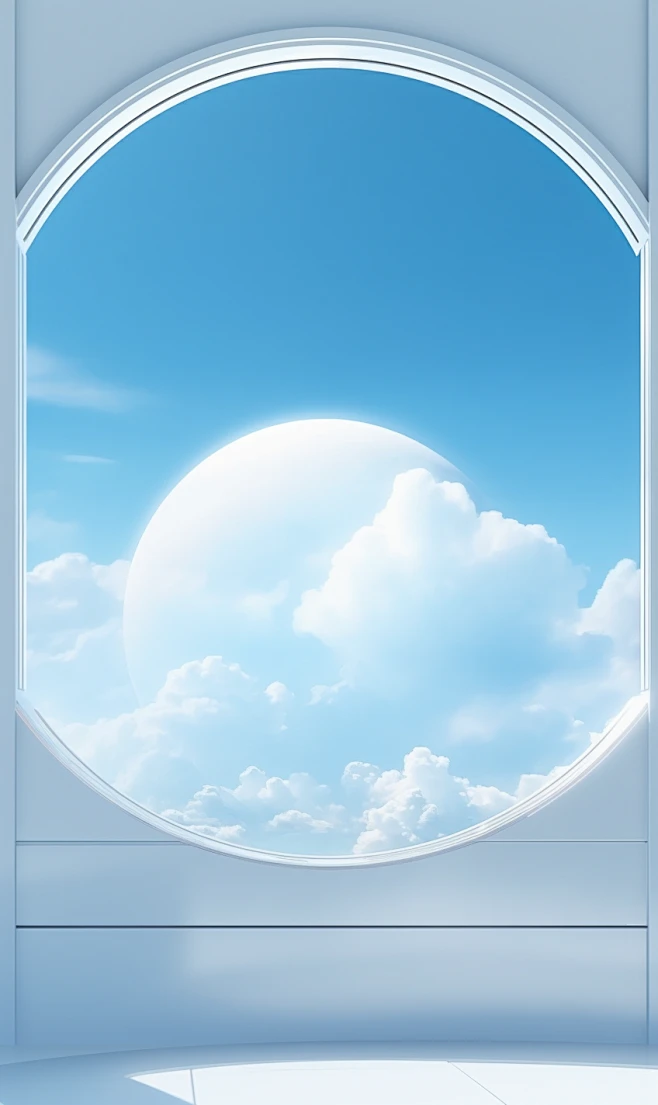 a round window with a large sky and clouds, in the style of futuristic ...