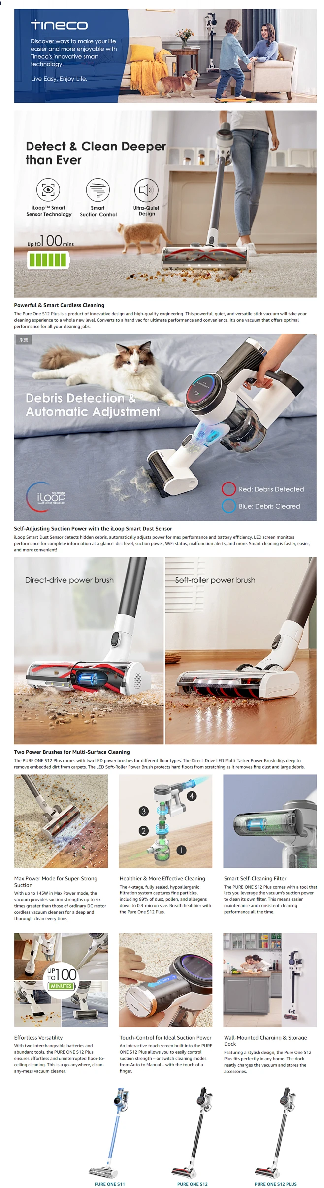 Tineco Cordless Vacuum Cleaner, Smart Stick Vacuum 2 Batteries up to ...