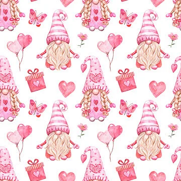 Watercolor Valentine gnomes seamless pattern. Cute elf repeat print ...