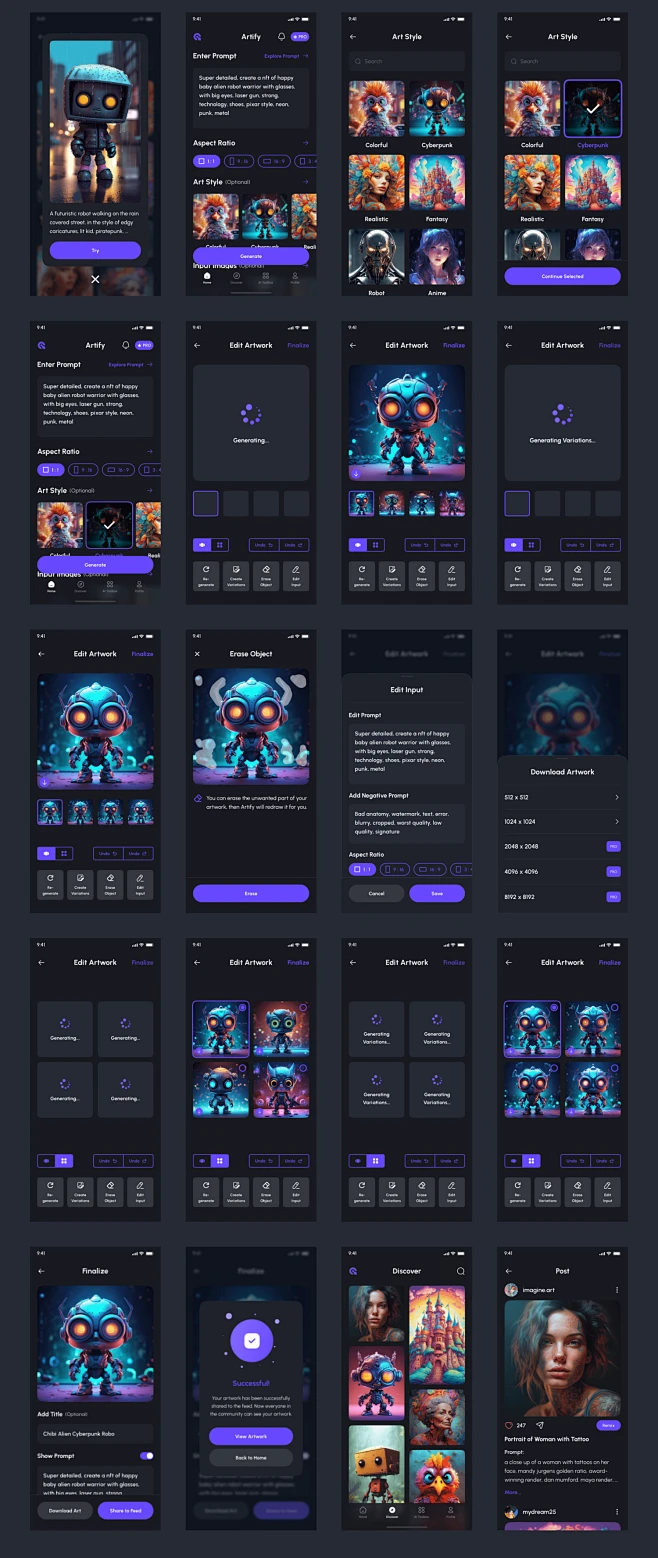 AI05 AI人工智能艺术绘画图像编辑生成器App应用界面ui设计套件模板 Artify – AI Art Generator App UI Kit-花瓣网
