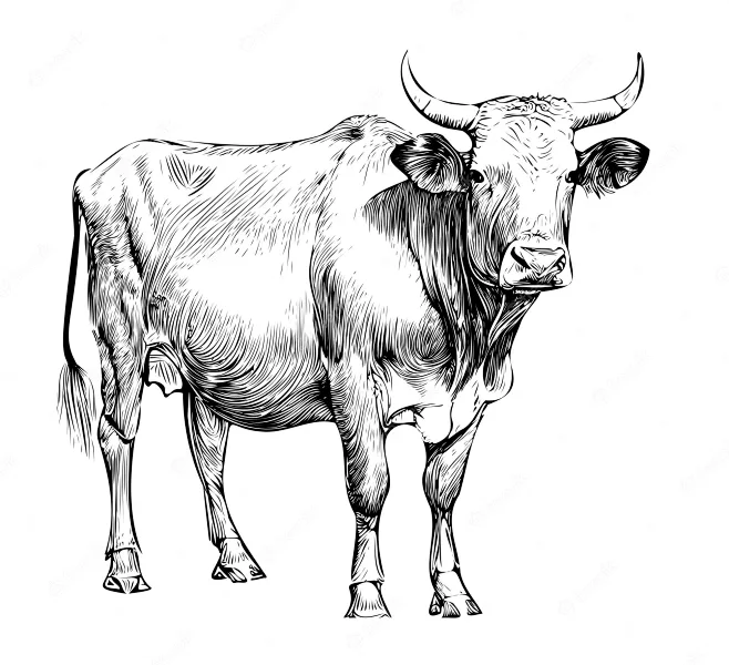 Vector cow standing side view engraved hand drawn sketch.cattle ...