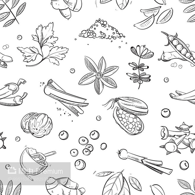新鲜的草药和香料涂鸦手绘矢量无缝图案,Fresh herbs and spices doodle hand drawn vector seamless pattern - 图片详情-图虫 ...