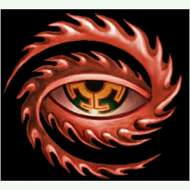 This may contain: an eye with flames around it and the symbol of omen ...