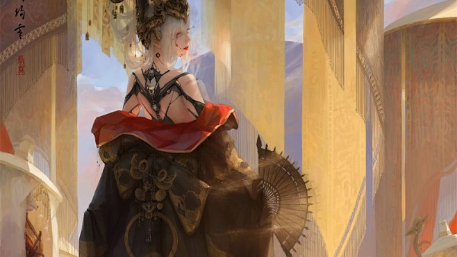 扇子 袍 女孩 赛博朋克 古风 宫廷 4K高清动漫壁纸 @ 800x450 - 4K高清壁纸