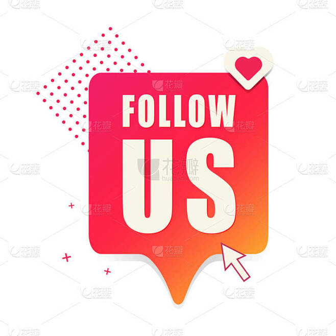 Follow us. Red button with heart, arrow, memphis s