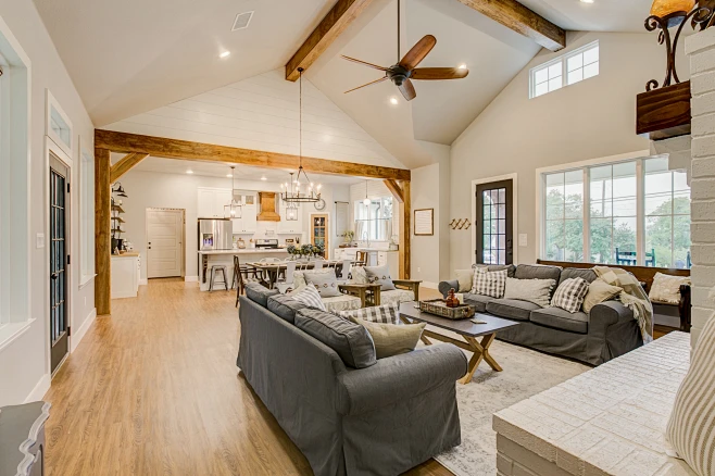 Cottage open concept vaulted ceiling living room photo in Dallas with a ...