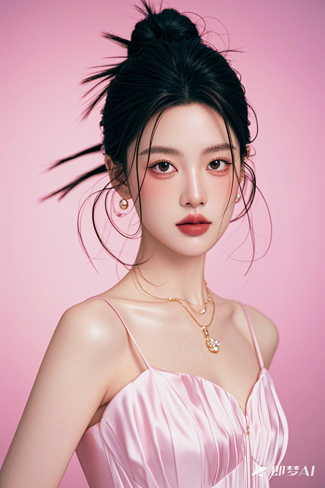 摄影人像，御姐写真，标准正面半身证件照，五官立体，不要毛毛碎发，正面照，头留2厘米空白，扎马尾，高级精致五官，东方面孔的美女，肩膀全露，柔和的 ...