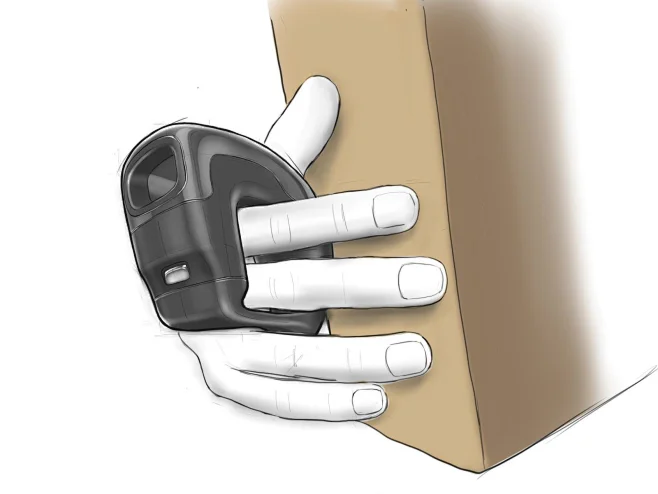 A sketch of a hand-mounted barcode scanner while holding a parcel-花瓣网
