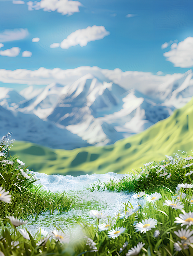自然风光，草原，雏菊，雪山背景，蓝天白云春日展台