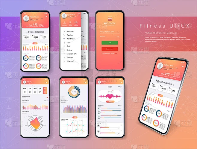 Different UI, UX, GUI screens fitness app and flat素材-花瓣网