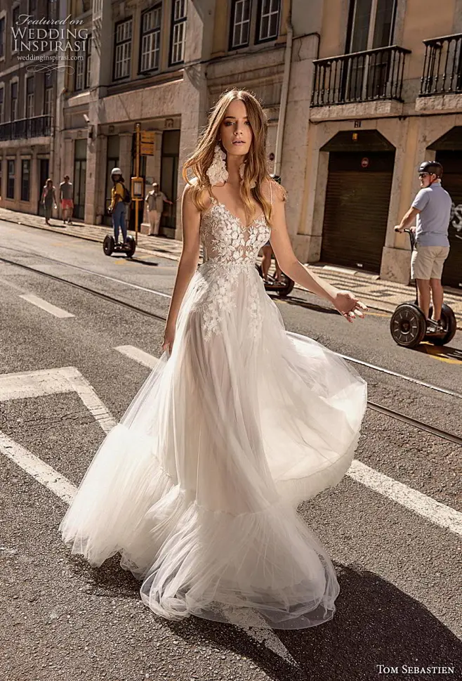 tom sebastian 2019 bridal spaghetti strap diamond neck heavily ...