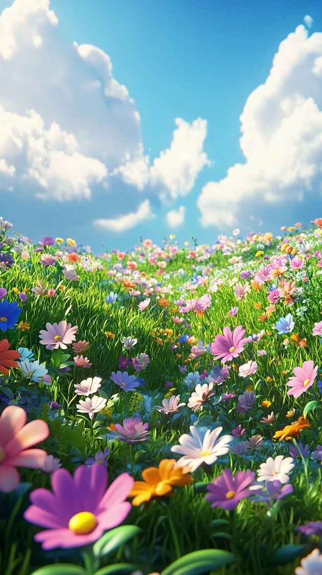 Pixar animation style, green grass, blue sky background, colorful ...