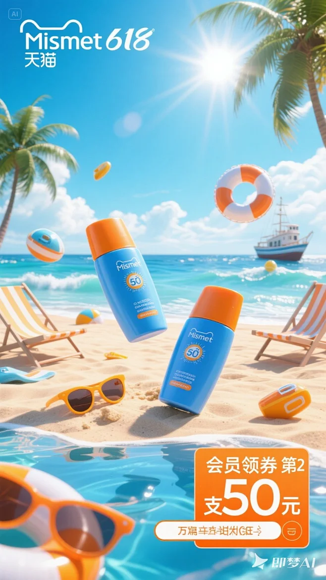jimeng-2025-06-19-9851-请帮我生成4张海报。这是一张618大促Mistine防晒霜促销海报。顶部是“Mi-花瓣网