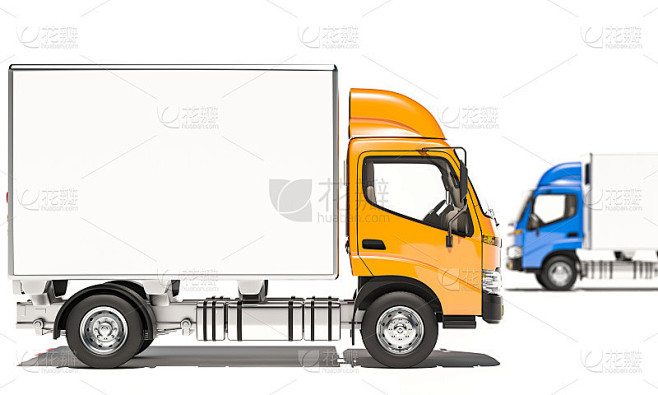 装有乘客舱的橙色和蓝色箱式卡车