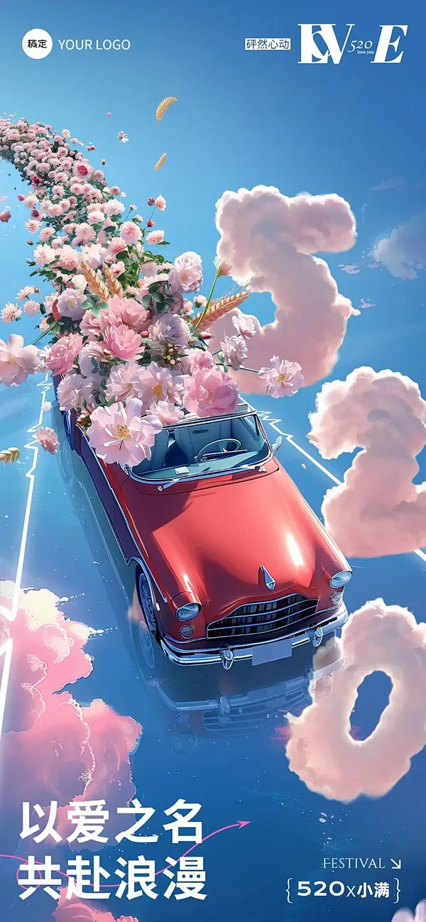 企业520情人节祝福浪漫感全屏竖版海报AIGC-花瓣网