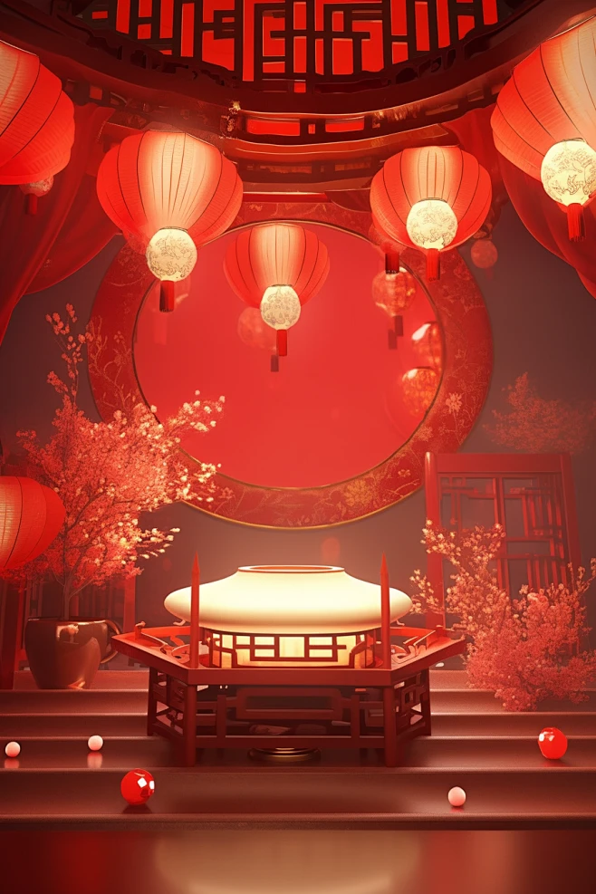 red lantern scene on red backdrop for advertisement and background, in ...