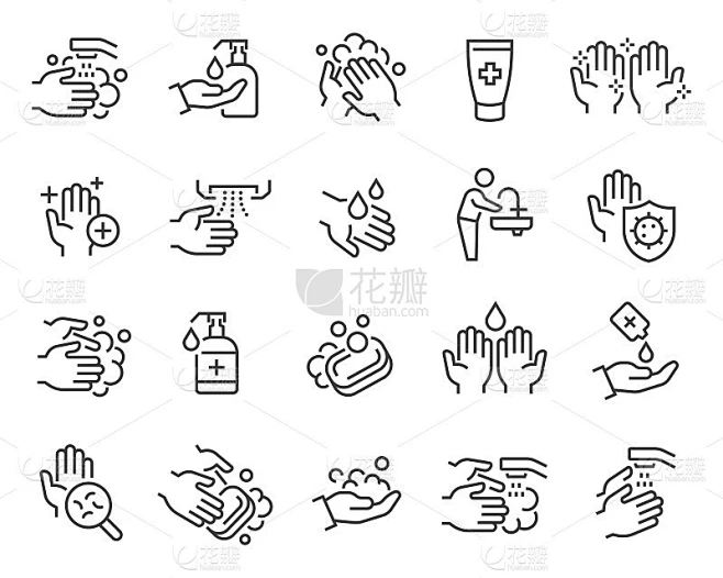 洗手和卫生图标套装。可编辑的矢量中风素材-花瓣网