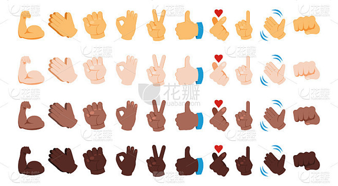 多样化的手emoji。各种肤色手势。黑色、黄色和白色的竖起大拇指的标志。挥舞和祈祷手臂的表情符号。和