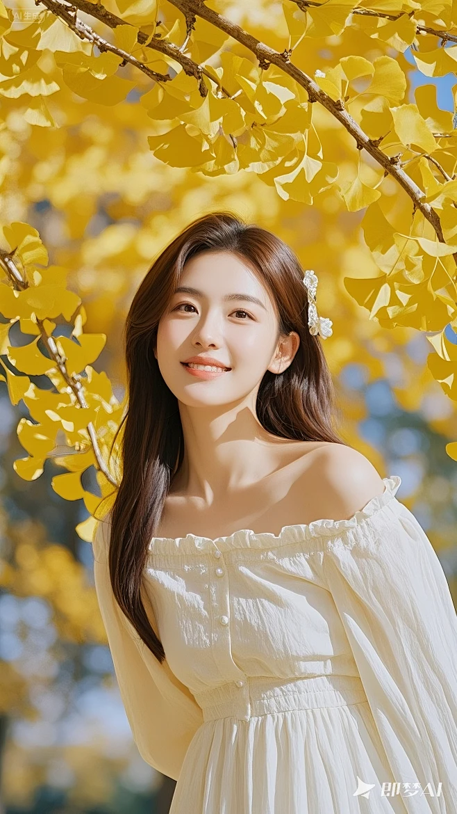 jimeng-2025-08-04-3723-不运镜，女，黄色背景，美白，人物稳定，美女模特，银杏，32k，超写实，超高清，超-花瓣网