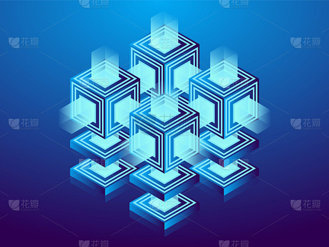 加密货币和区块链，抽象的等距3D插图。加密货币挖矿场，矢量技术背景。