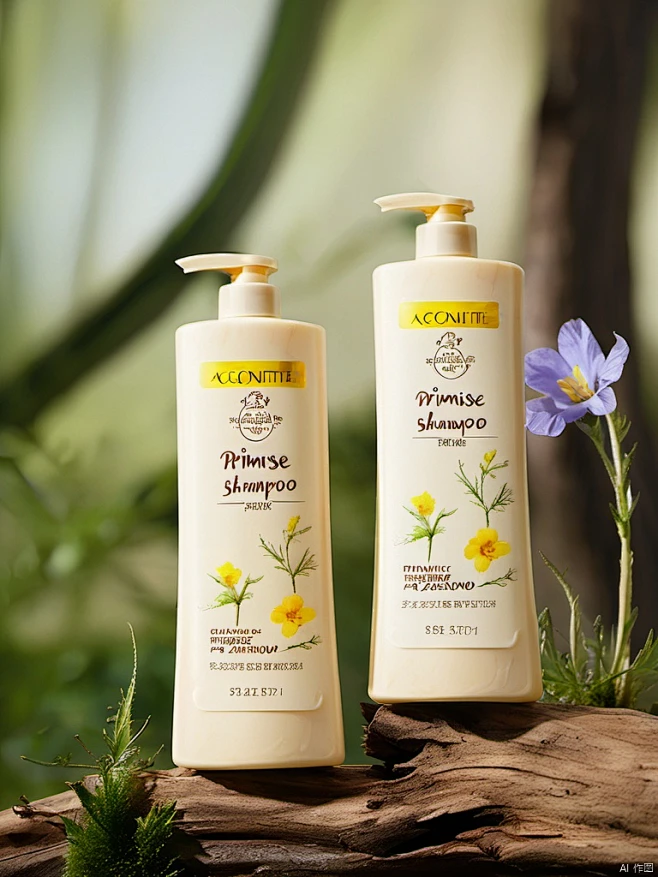 A bottle of primrose shampoo was placed on a log. The bottle is placed ...