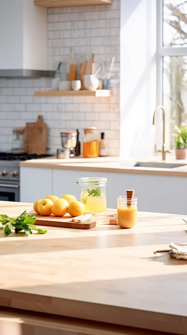 Commercial photography, natural light, bright kitchen, minimalist background featuring shallow ...