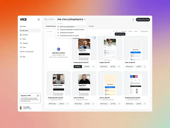 Link page. V1CE Dashboard SaaS design nfc profile design branding ...