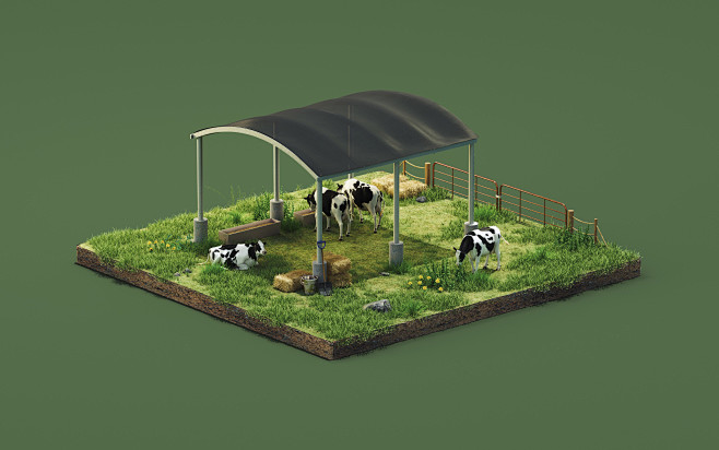 3D c4d camp CGI cows forest highway Render Truck-04