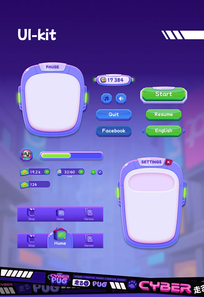 Cyber Pug | 跑酷手机游戏概念 | 游戏 UX/UI-花瓣网