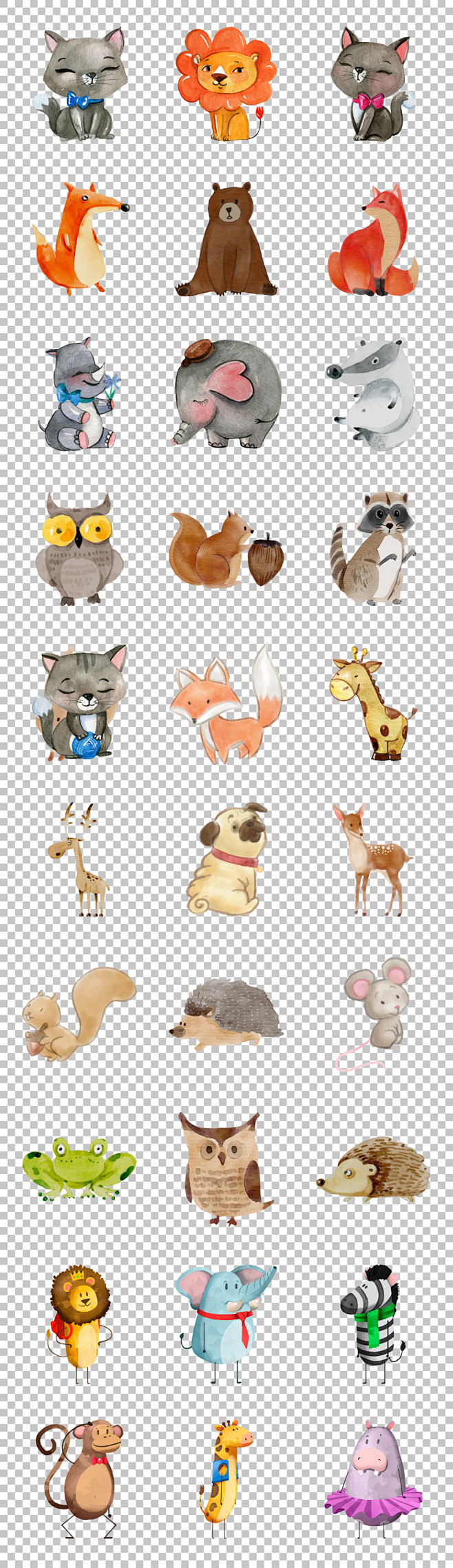 创意手绘水彩卡通小动物免抠png水彩