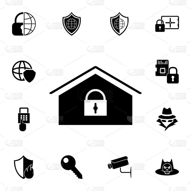 家里锁图标。一组网络安全图标。标志，轮廓符号收集，简单的图标网站，网页设计，移动应用程序，信息图形