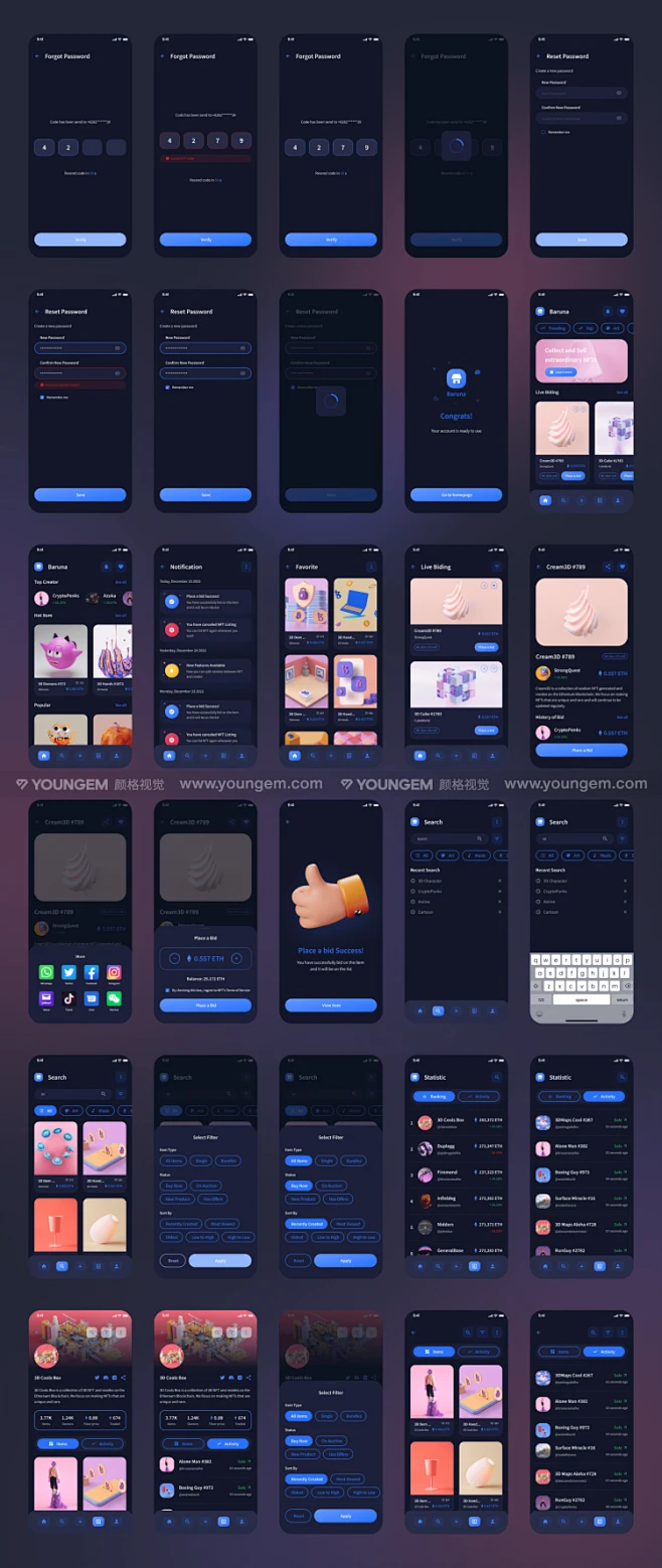 150屏国外NFT市场虚拟物品商店应用app界面设计明暗UI套件设计素材下载_颜格视觉-花瓣网