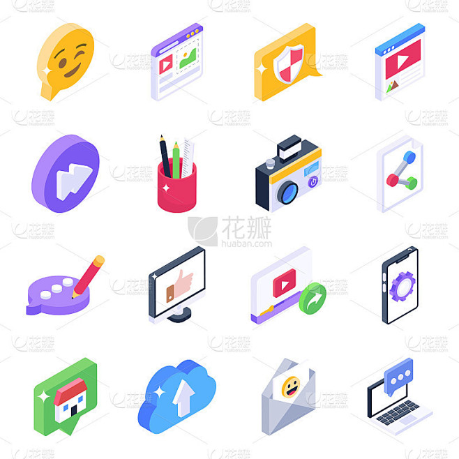 Unique Media Icons in Isometric Style