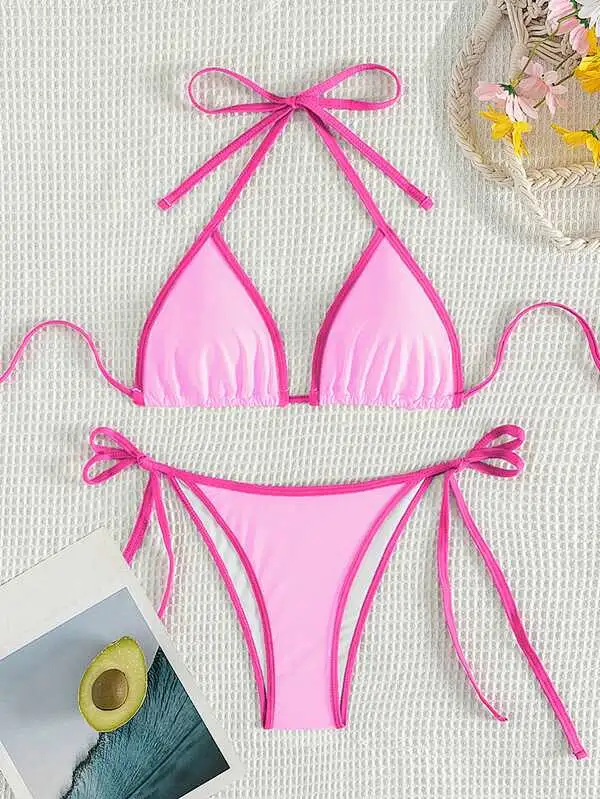 Swim Mod Ladies Sexy Colorblock Halter Neck Tie Bikini Set For Vacation ...
